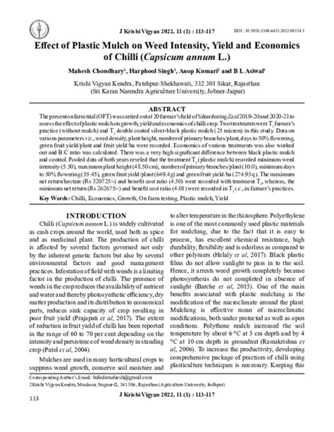 Pdf Effect Of Plastic Mulch On Weed Intensity Yield And Economics Of