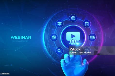 웨비나 인터넷 회의 웹 기반 세미나 원격 교육 E러닝 교육 비즈니스 기술 가상 화면의 개념입니다 디지털 인터페이스를 만지는 손