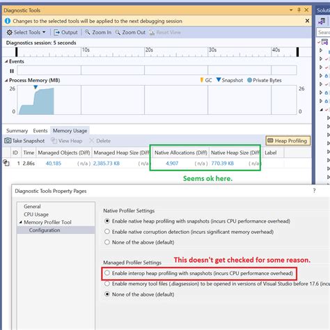 C Can T Take Native Memory Snapshots In Visual Studio Memory Usage Tool Stack Overflow