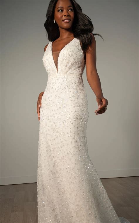 Sexy Lace Column Wedding Dress With Beaded V Neckline