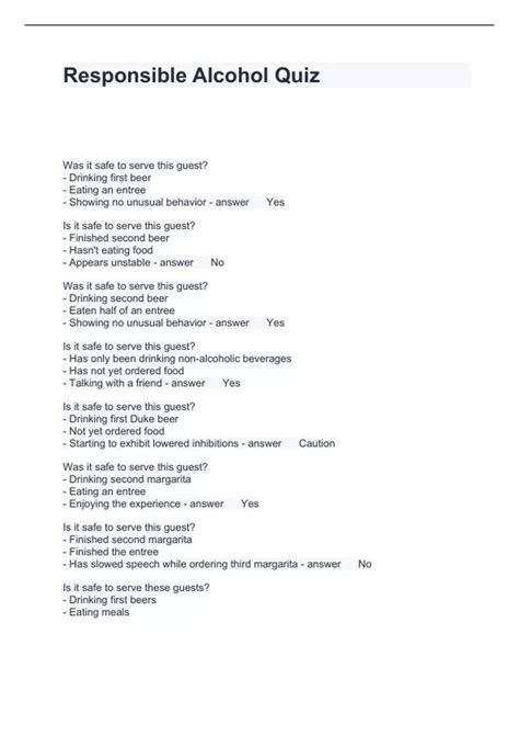 Responsible Alcohol Quiz Questions With Solutions 2024 Alcohol Certification Stuvia Us