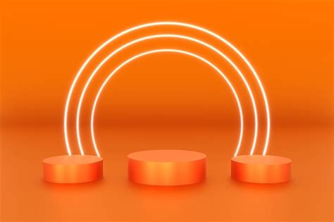 제품 배경 단계 또는 연단을 위한 3d 플랫폼 주황색 및 반지 원형 네온 백색 색깔을 가진 빈 전시 플랫폼 3d 일러스트레이션 렌더링 0명에 대한 스톡 사진 및 기타 이미지
