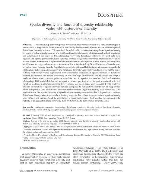 Pdf Species And Functional Diversity Relationship Varies With Disturbance