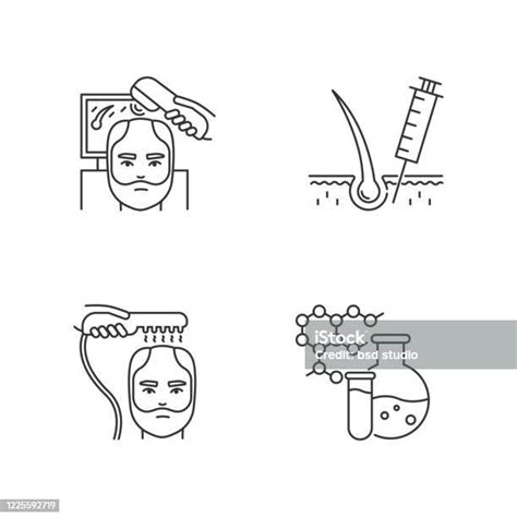 탈모 픽셀 완벽한 선형 아이콘 세트 레이저 치료 탈모증에 대한 의료 주사 사용자 정의 가능한 얇은 선 윤곽 심볼 격리된 벡터 개요 그림입니다 편집 가능한 스트로크 개념에