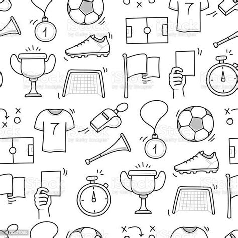 축구 낙서 원활한 패턴입니다 축구 목표 수상 컵 휘파람 손으로 그린 선 낙서 스케치 스타일 장비 아이콘 개체 그룹에 대한 스톡 벡터 아트 및 기타 이미지 Istock