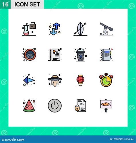 Mobile Interface Flat Color Filled Line Set Of 16 Pictograms Of Clock Oil Trend Industry