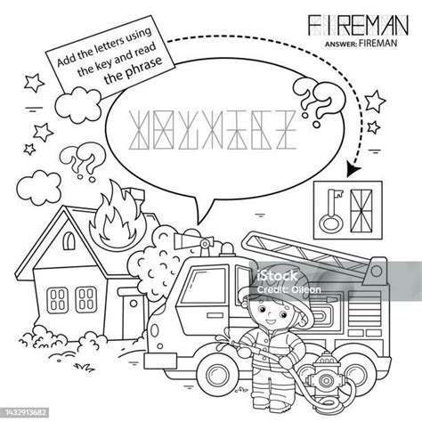 어린이를위한 퍼즐 게임 색칠 공부 페이지 개요 만화 소방관 또는 소방관과 소방차 소방 아이들을위한 색칠 공부 책 교육에 대한 스톡 벡터 아트 및 기타 이미지 Istock