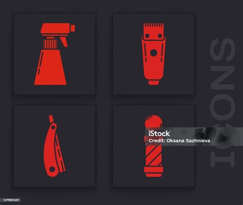 클래식 이발소 기둥 미용사 권총 스프레이 병 전기 머리 깎기 또는 면도기 및 스트레이트 면도기 아이콘을 설정합니다 벡터 가장자리에 대한 스톡 벡터 아트 및 기타 이미지