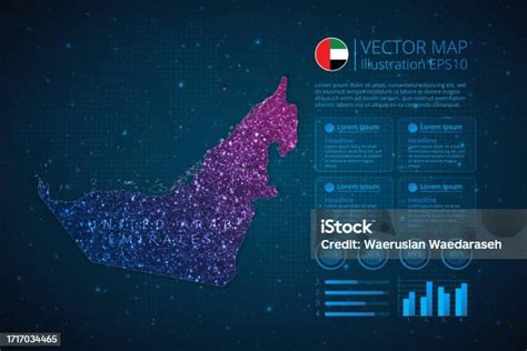 아랍 에미리트 지도 인포그래픽 템플릿은 다이어그램 그래프 프리젠테이션 및 차트에 파란색 배경에 추상적인 기하학적 메쉬 다각형