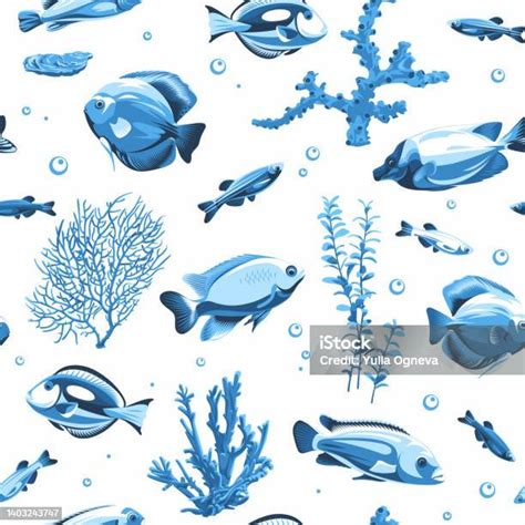 흰색 배경에 고립 된 물고기와 바다 풍경이있는 완벽한 패턴 수중 생활의 그림 귀여운에 대한 스톡 벡터 아트 및 기타 이미지 귀여운 금 금속 금색 Istock