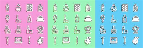 세트 라인 향수 라운드 메이크업 거울 클러치 백 아이 섀도우 팔레트 마스카라 브러쉬 손 샴푸 아이콘 병 벡터 0명에 대한 스톡 벡터 아트 및 기타 이미지 Istock