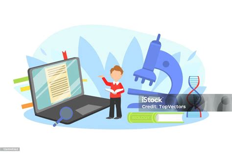 거대한 학교 용품 및 과학 장비와 함께 공부하는 아이 생물학 수업 벡터 일러스트에서 여학생 생물학에 대한 스톡 벡터 아트 및