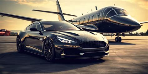 Super Car And Private Jet On Landing Strip Business Class Service At