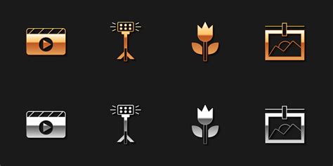 영화 클래퍼 소프트박스의 스튜디오 전구 사진 모드 매크로 및 프레임 아이콘을 설정합니다 벡터 감독에 대한 스톡 벡터 아트 및