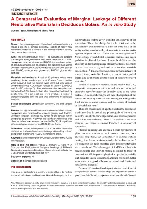 Pdf A Comparative Evaluation Of Marginal Leakage Of Different Restorative Materials In