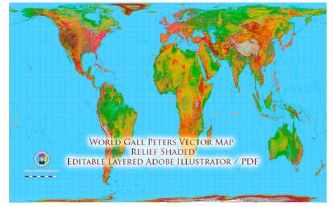 World Gall Peters Projection Shaded Relief Political Vector Map High
