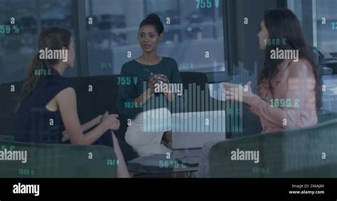 Image Of Statistical Data Processing Over Three Diverse Women Discussing Together At Office