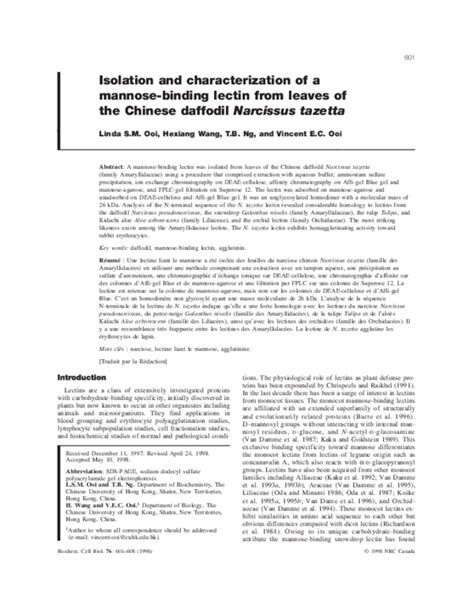 Pdf Isolation And Characterization Of A Mannose Binding Lectin From Leaves Of The Chinese