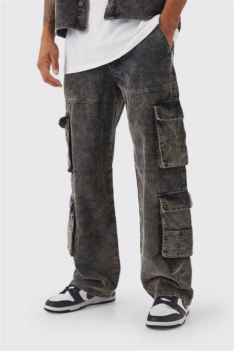 Baggy Multi Pocket Acid Wash Cord Cargo Trouser Boohoo