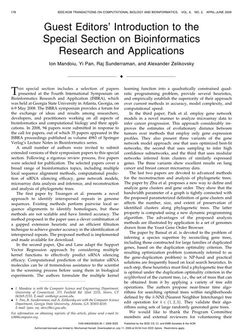 Pdf Guest Editors Introduction To The Special Section On Bioinformatics Research And Applications