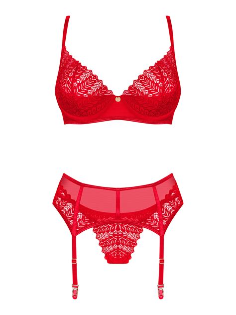 Seductive Red Lace Lingerie Set Soft Bra Thong Panties And Garter