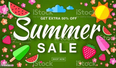 여름 판매 서식 파일 수평 평면 배너 평면 종이 태양 수 박 아이스크림 딸기 꽃 벡터 여름 디자인 요소와 밝은 녹색 배경에 그려진된 인쇄 상의 글자를 손 아이스크림에 대한