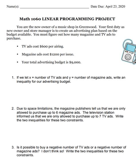 Solved Names Date Due April 23 2020 Math 1060 Linear