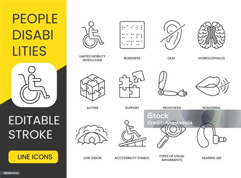 장애인 편집 가능한 스트로크로 설정된 벡터 라인 아이콘 휠체어 사람 및 시각 장애 청력 상실 및 청각 장애 수두증 및 자폐증 보철물 및 음소거 저시력 낮음에 대한 스톡 벡터