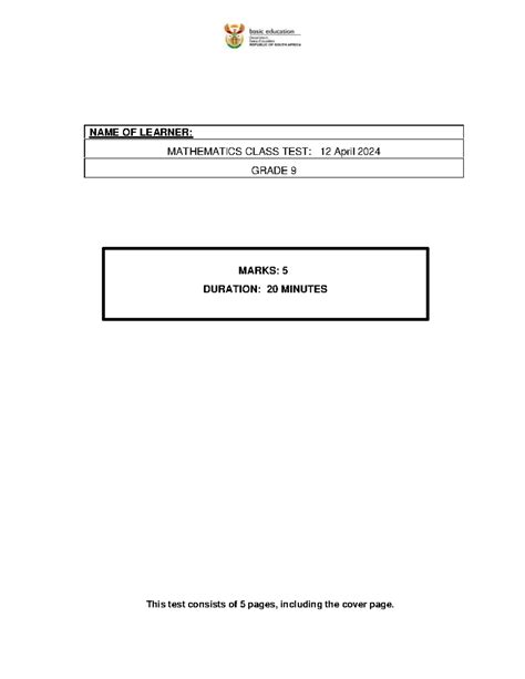 Grade 9 Class Test 12 April 2024 Name Of Learner Mathematics Class