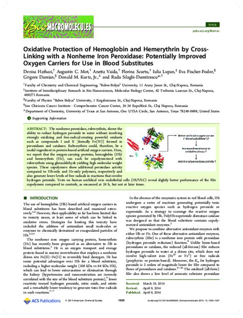 Pdf Oxidative Protection Of Hemoglobin And Hemerythrin By Cross