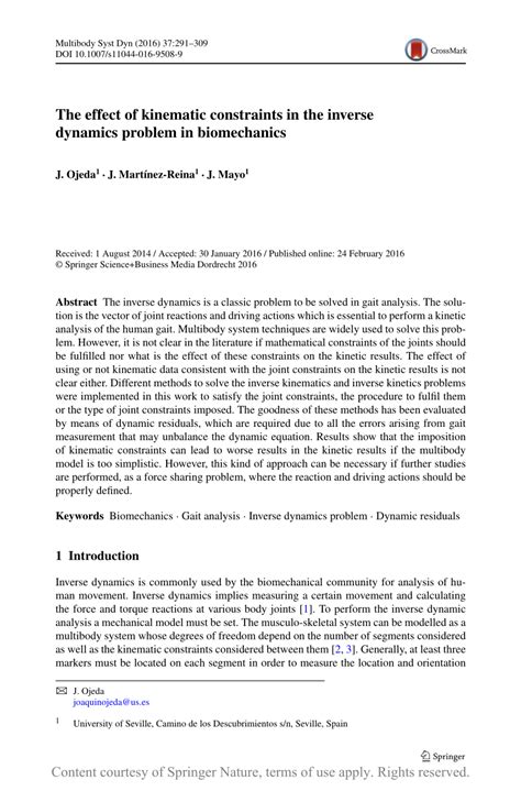 The Effect Of Kinematic Constraints In The Inverse Dynamics Problem In