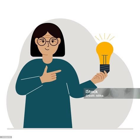 Ilustración De Una Mujer Sostiene Una Bombilla En La Mano Concepto De