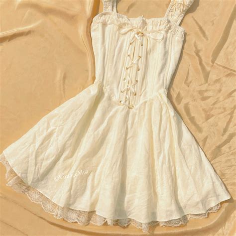 Front Lace Up Lace Trimmed Cotton Corset Mini Dress Vintagemist
