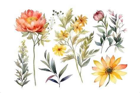 정원 꽃으로 수채화 준비 설정 장식 꽃 요소 템플릿 플랫 만화 그림 흰색 배경에 고립 프리미엄 벡터
