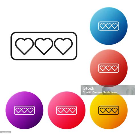 흰색 배경에 격리 된 검은 색 선 좋아요및 하트 아이콘 카운터 알림 아이콘입니다 추종자 인스타 아이콘 다채로운 원 버튼을 설정합니다 벡터 일러스트레이션 개념에 대한 스톡