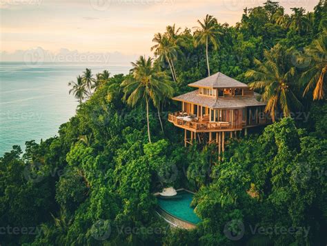 Tropical Treehouse Overlooking Ocean At Sunset In A Serene Location