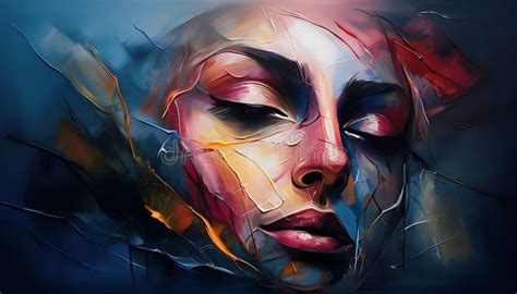 Fragmented Face In Vibrant Colors Abstract Oil Portrait Stock