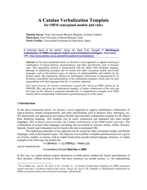 Pdf A Catalan Verbalization Template For Orm Conceptual Models And Rules