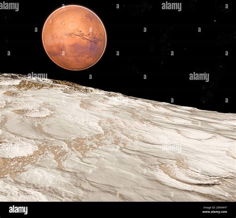 View Of Mars Seen From Phobos Deimos The Two Moons Of Mars Natural Satellites Orbiting The Red