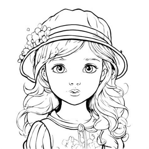 Descarga Página Para Colorear En Blanco Y Negro Niña Con Sombrero