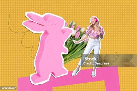 합성물 스케치 이미지 디자인 트렌드 삽화 콜라주 젊은 숙녀 댄스 듣다 음악 헤드폰 토끼 장식 부활절 봄 휴일 20 24세에 대한 스톡 사진 및 기타 이미지 Istock