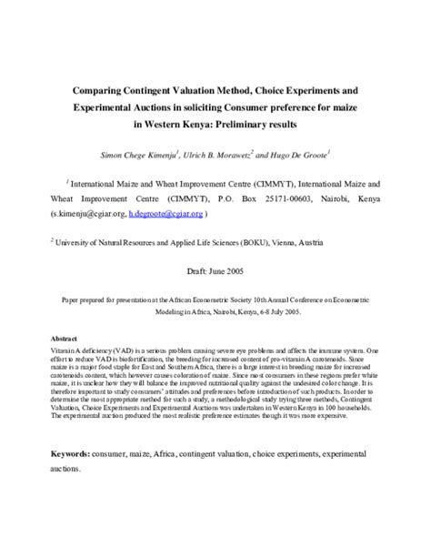 Pdf Comparing Contingent Valuation Method Choice Experiments And