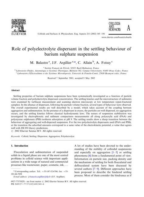 Pdf Role Of Polyelectrolyte Dispersant In The Settling Behaviour Of Barium Sulphate Suspension
