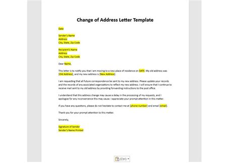 Editable Change Of Address Letter Template Change Of Address Letter Template Change Letter