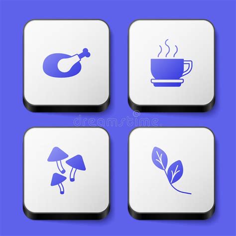 Set Roasted Turkey Or Chicken Coffee Cup Mushroom And Leaf Icon