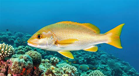 Beautiful Yellowtail Snapper On Coral Reef Little Cayman Natural Marine