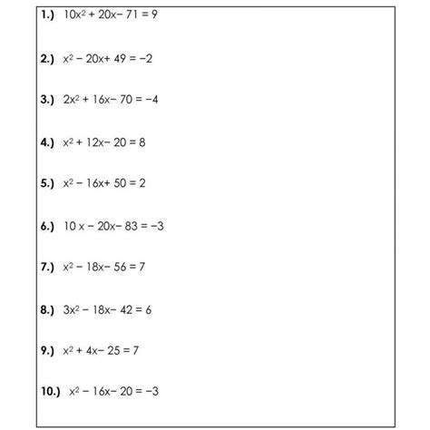 9th Grade Quadratic Equation Worksheet