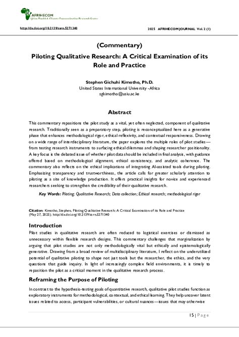 Pdf Piloting Qualitative Research A Critical Examination Of Its Role And Practice