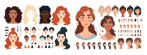 아바타 얼굴 제작자 여러 헤어 스타일의 여성 캐릭터 키트 스킨 눈 입술 및 액세서리 프리미엄 벡터
