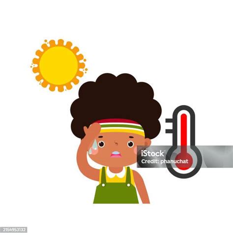 여름 열사병 흰색 배경에 귀여운 만화 캐릭터 평면 스타일 벡터 일러스트 레이 션과 아이 Health에 대한 스톡 벡터 아트 및 기타 이미지 Health 개념 개념과